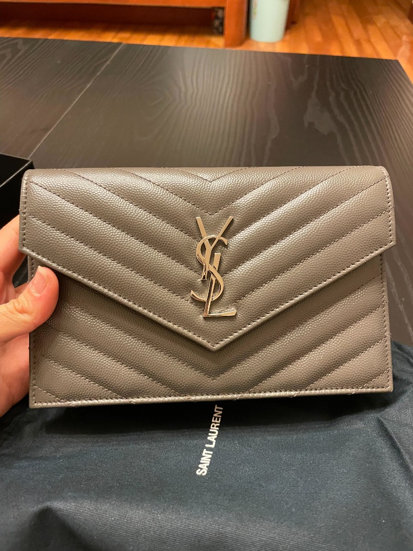Authentic YSL Wallet on Chain (WOC) Clutch in grey, Luxury, Bags ...