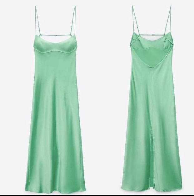 Zara Green satin type tiktok famous dress, Women's Fashion, Dresses ...