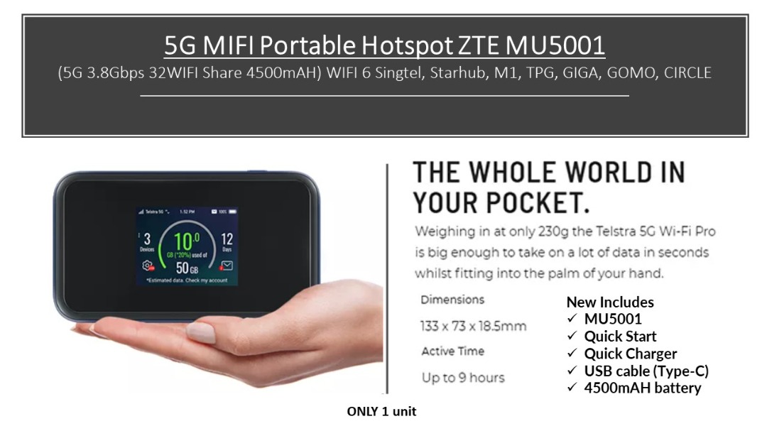 5G MIFI Portable Hotspot ZTE MU5001, Computers & Tech, Parts ...