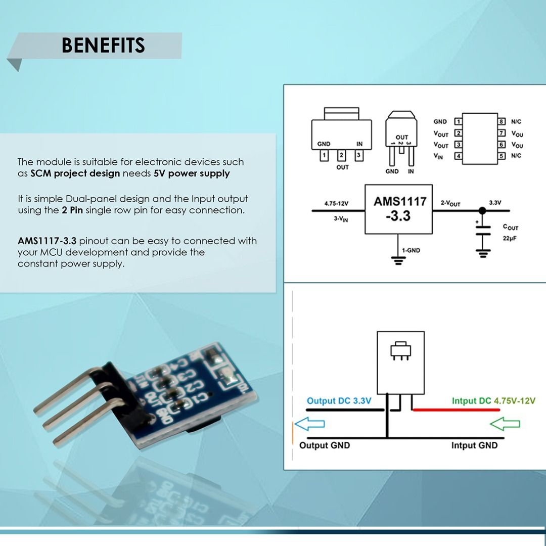 5V to 3.3V 3-PIN for DC-DC STEP-DOWN POWER SUPPLY BUCK MODULE DC 4.75V-12V to 3.3V AMS1117 LDO ...