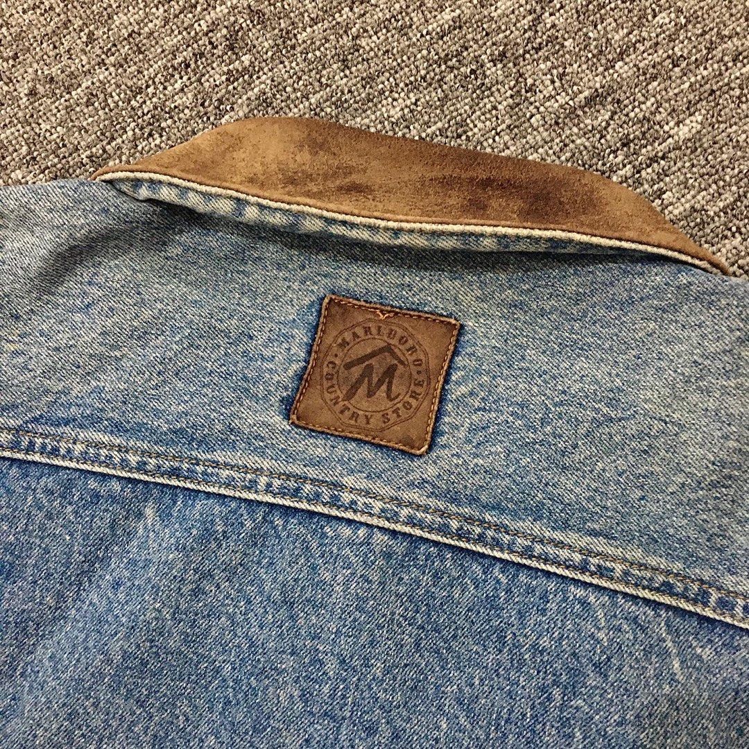 90s Marlboro Country Denim Jacket with Genuine Leather Collar, Men's ...