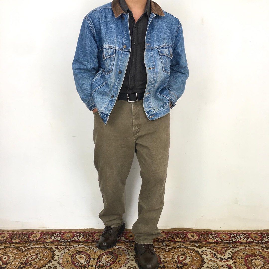 90s Marlboro Country Denim Jacket with Genuine Leather Collar, Men's ...