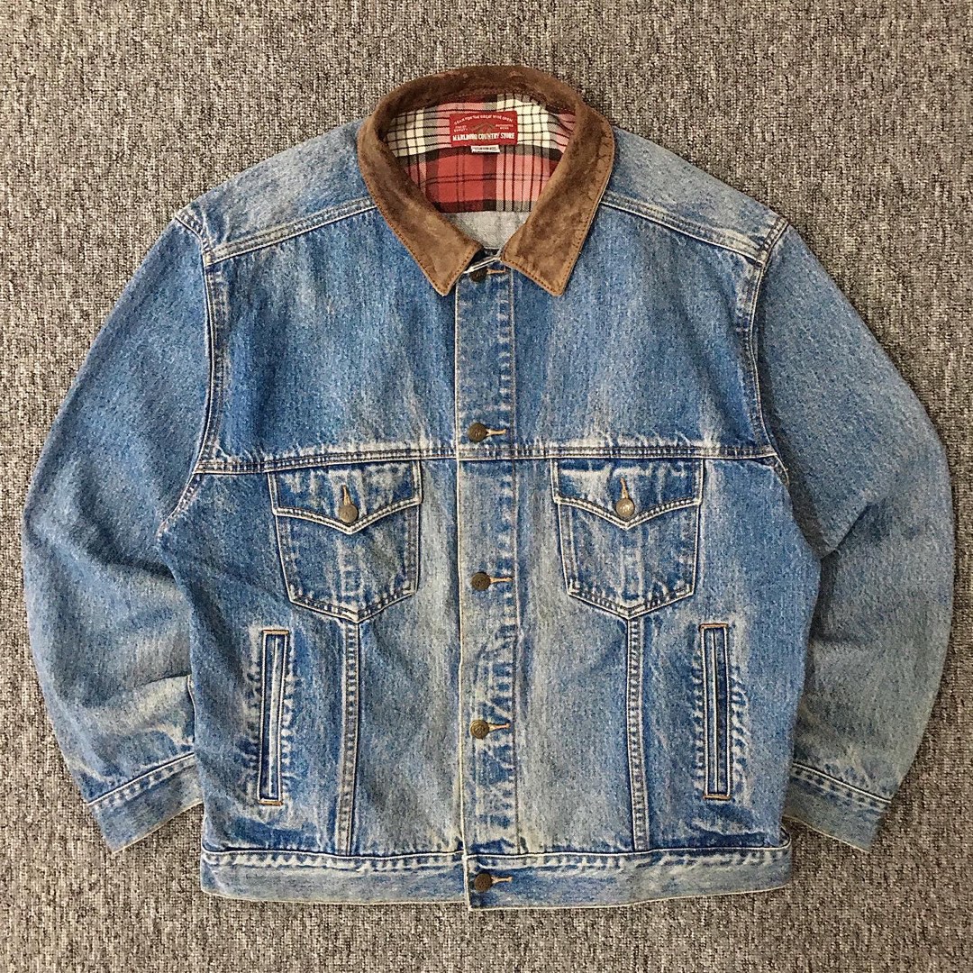 90s Marlboro Country Denim Jacket with Genuine Leather Collar, Men's ...