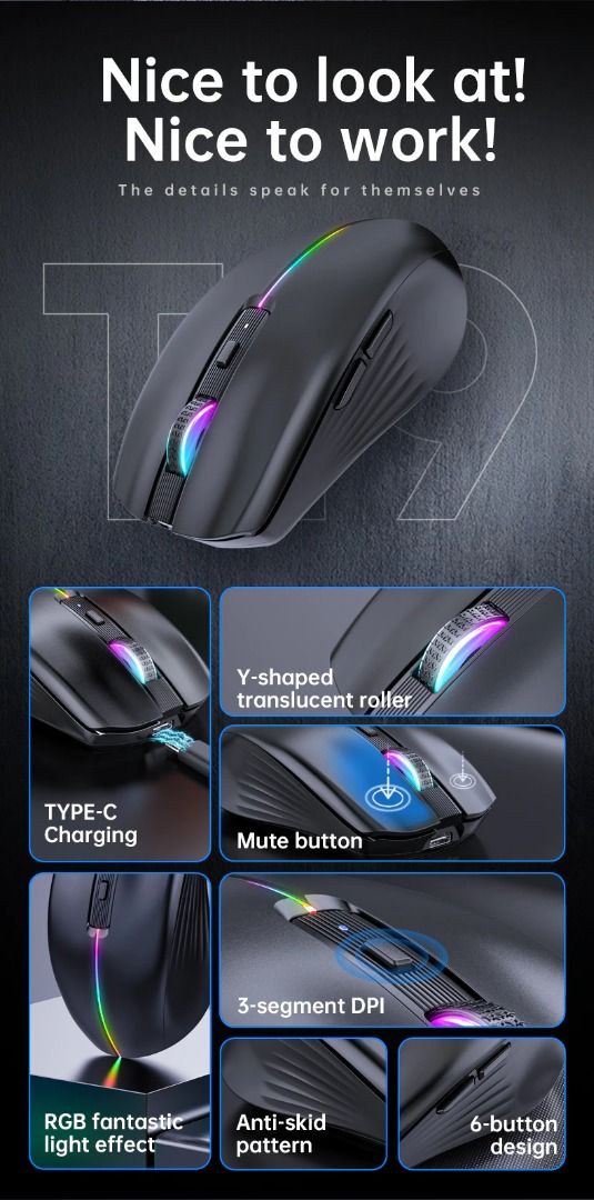 Wireless Mouse Wireless RGB LED Compact Portable 6 button DPI ...