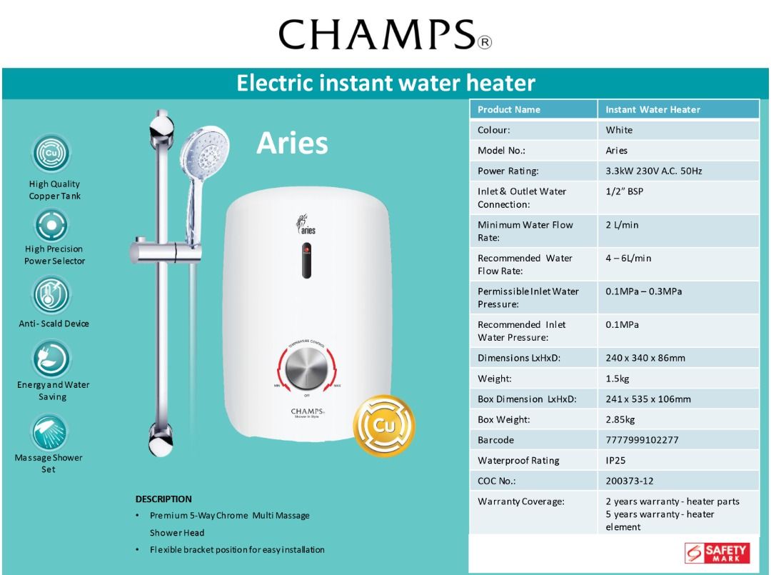 CHAMPS Instant Water Heater / Champs Aries / Copper Tank / Stainless ...