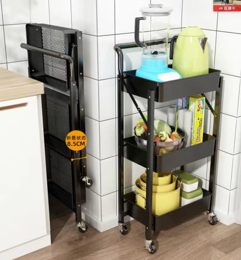 Foldable 3/4 Tier Metal Utility Rolling Cart Folding Mobile Multi ...