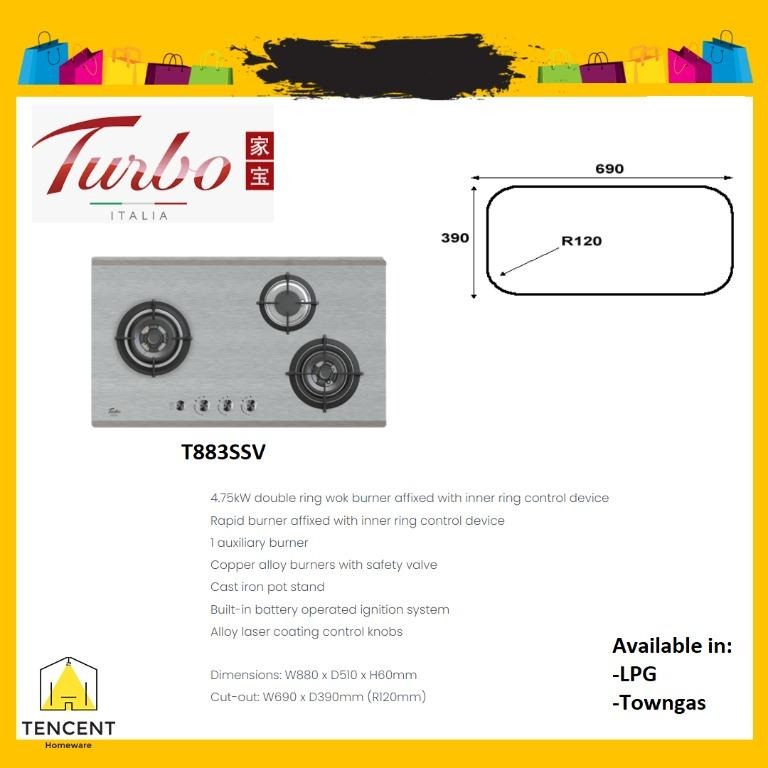(FREE Installation!) Turbo Incanto T883SSV 88cm 3 Burners Built-in Stainless Steel Gas Hob, TV ...