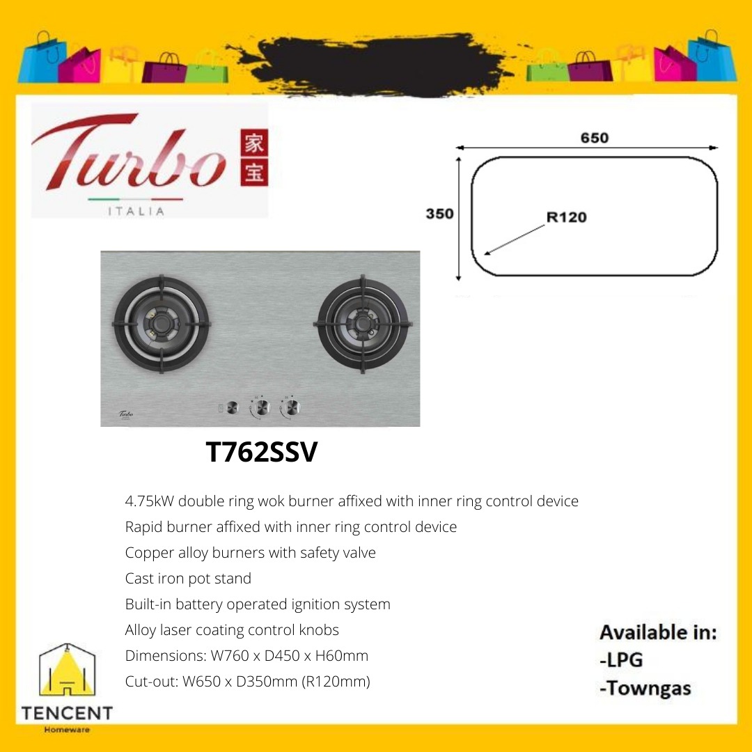 (FREE Installation) Turbo Incanto T762SSV 76cm 2 Burners Built-in Stainless Steel Gas Hob, TV ...