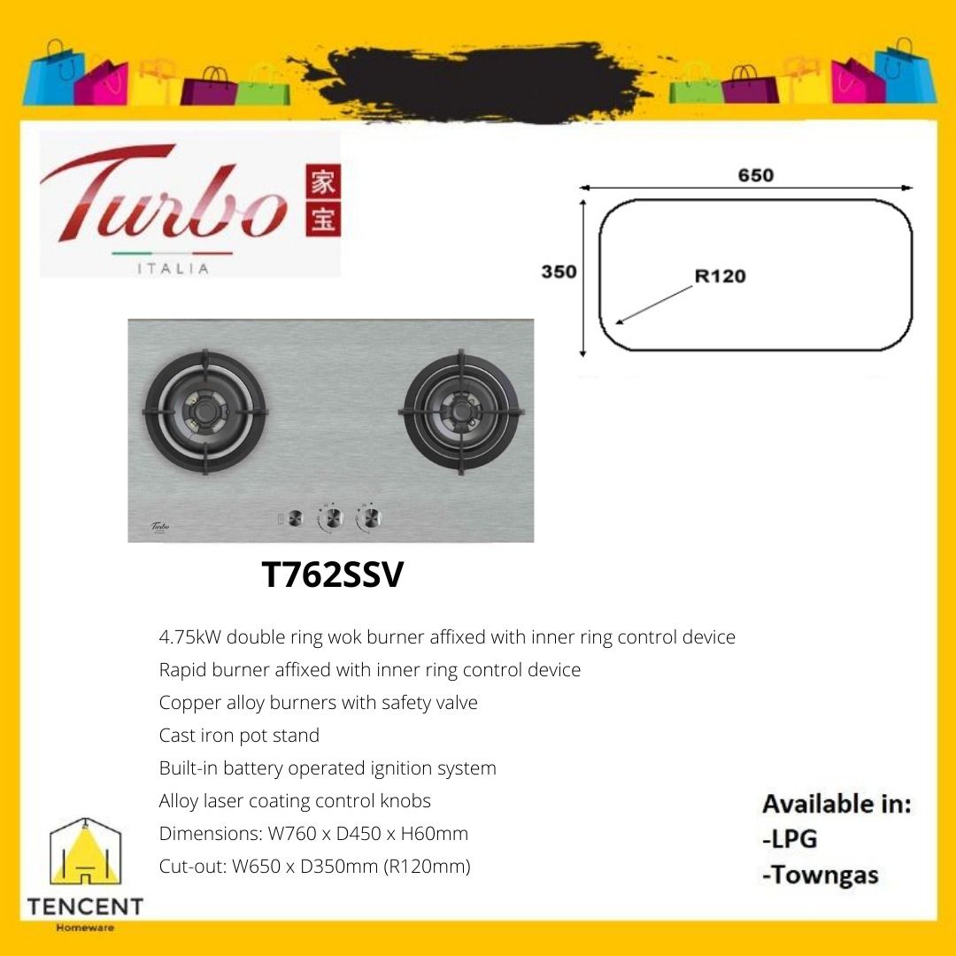 (FREE Installation) Turbo Incanto T762SSV 76cm 2 Burners Built-in Stainless Steel Gas Hob, TV ...