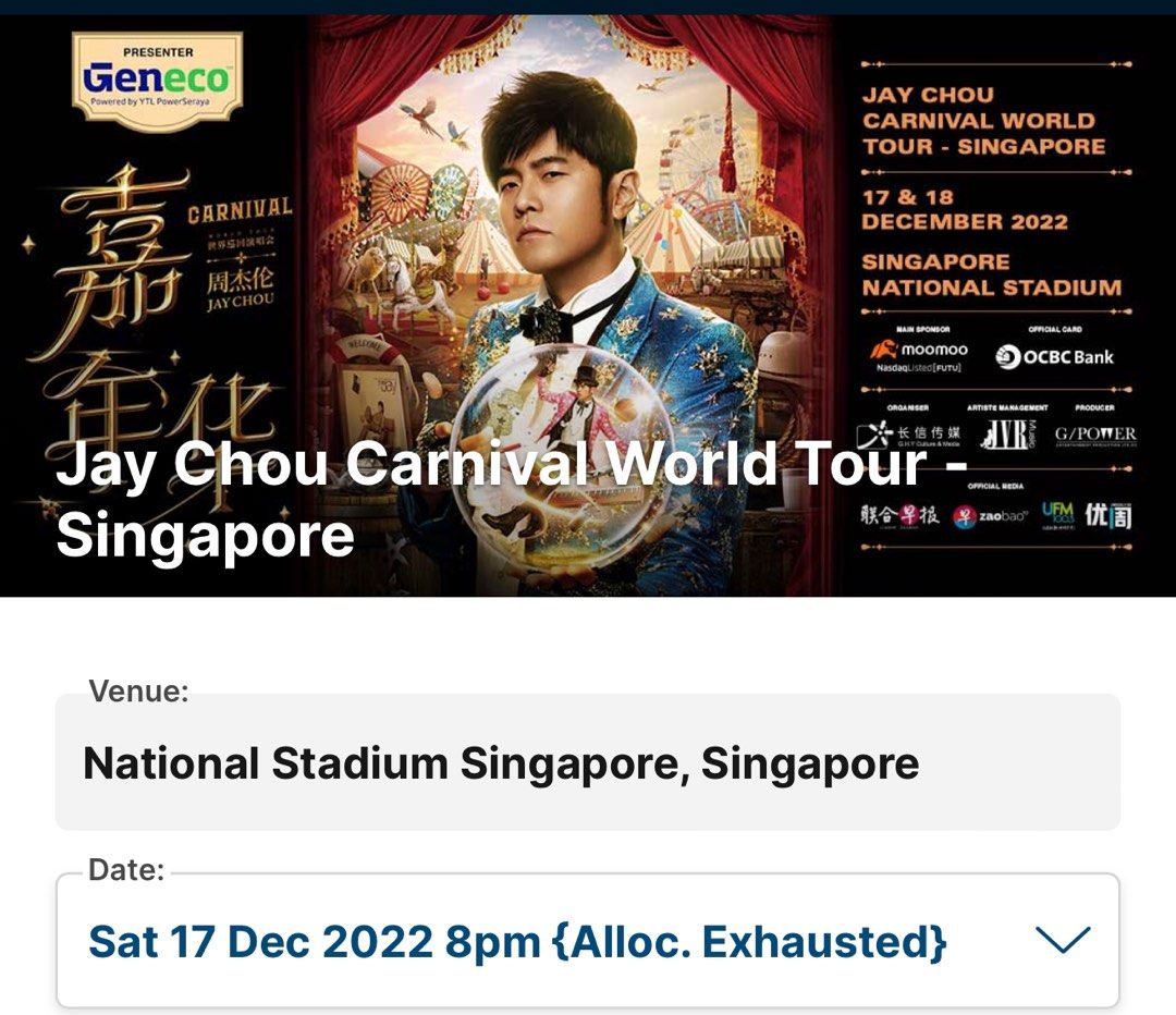 Jay Chou Carnival World Tour Concert 2022, Tickets & Vouchers, Event ...