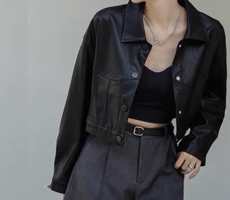 oversized cropped leather jacket, Women's Fashion, Coats, Jackets and ...