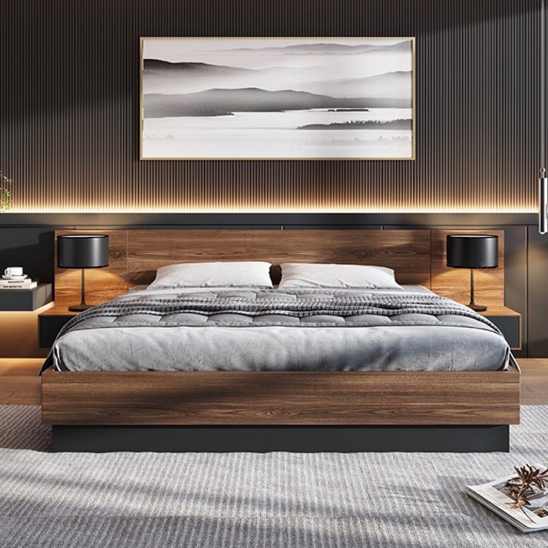 Queen Size Rainer Bed Frame with Storage Compartment with/ without Side Tables in Solid Wooden ...