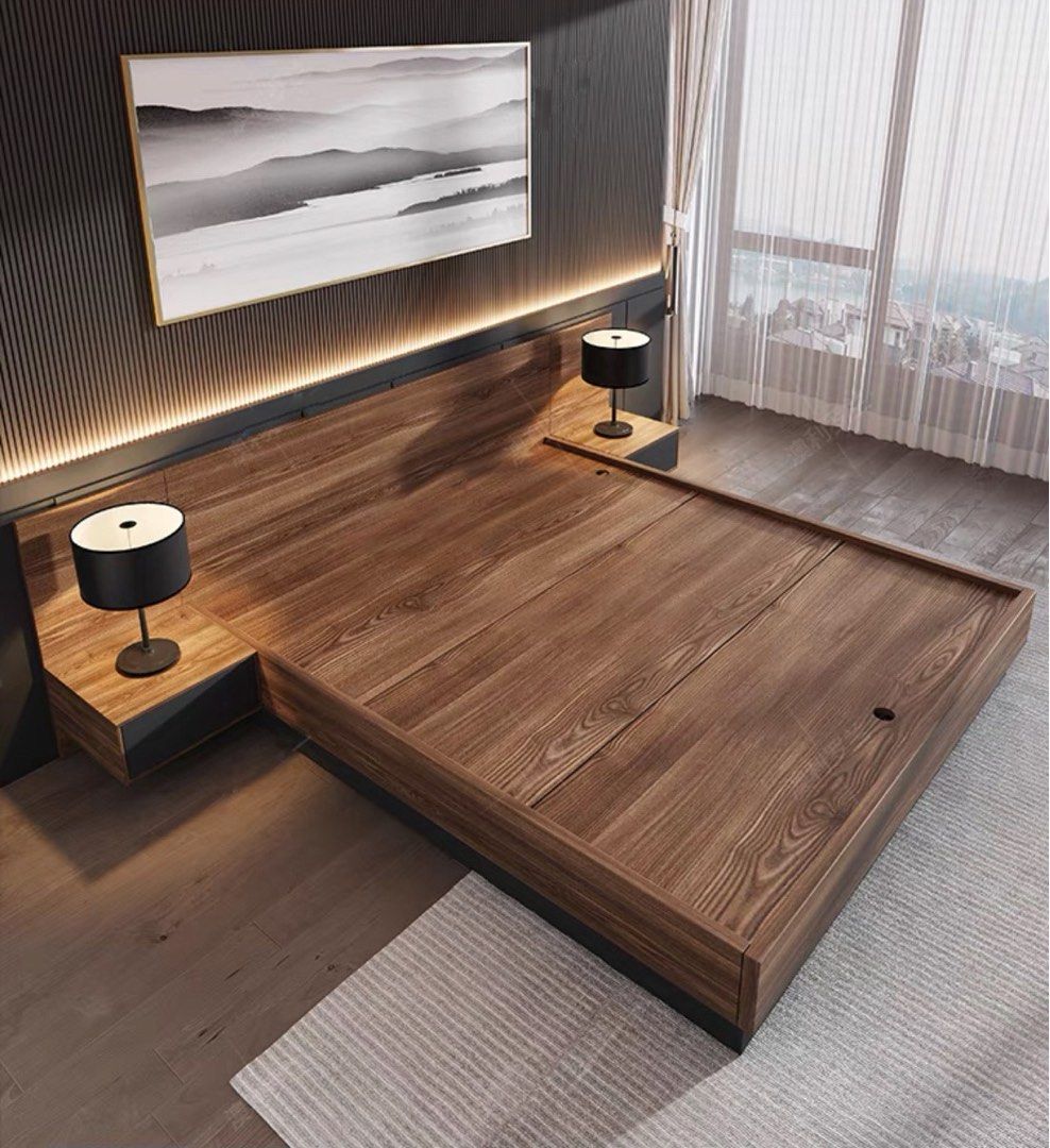 Queen Size Rainer Bed Frame with Storage Compartment with/ without Side Tables in Solid Wooden ...