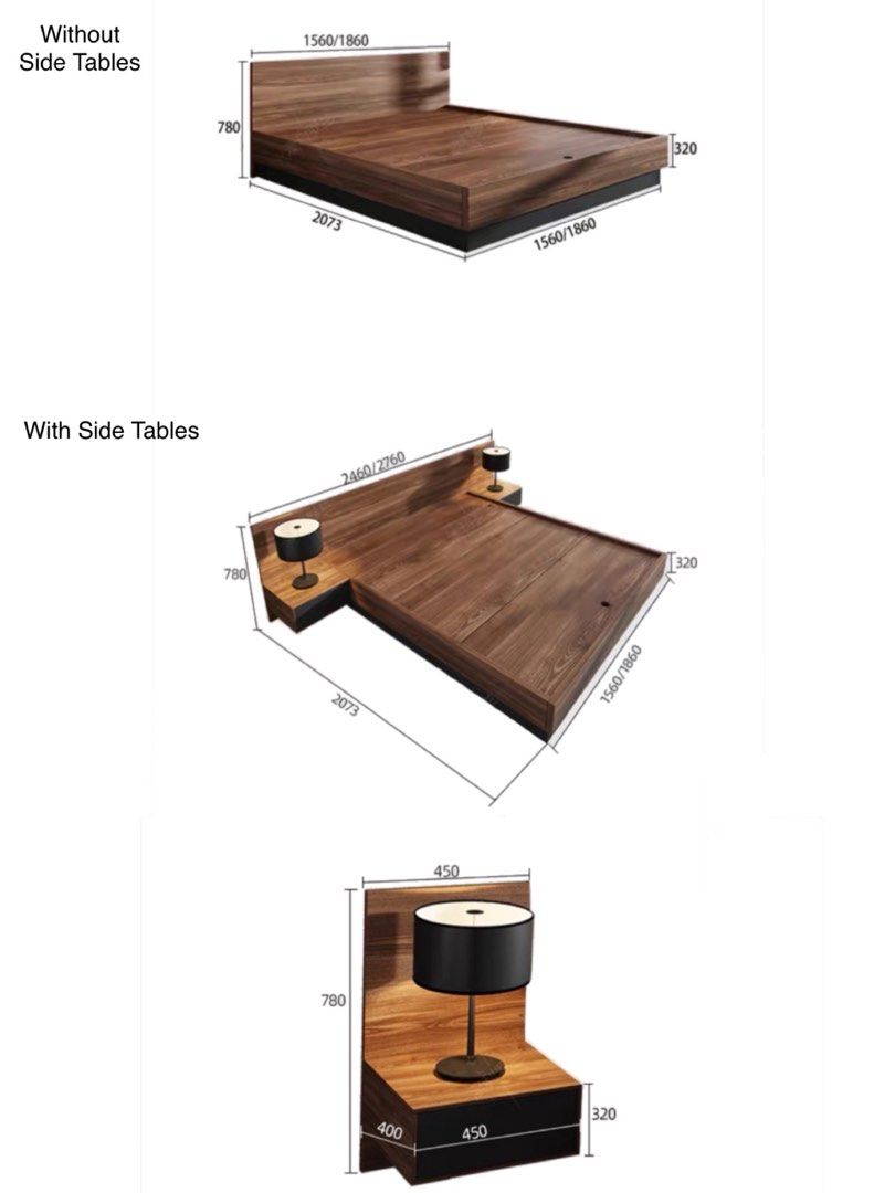Queen Size Rainer Bed Frame with Storage Compartment with/ without Side Tables in Solid Wooden ...