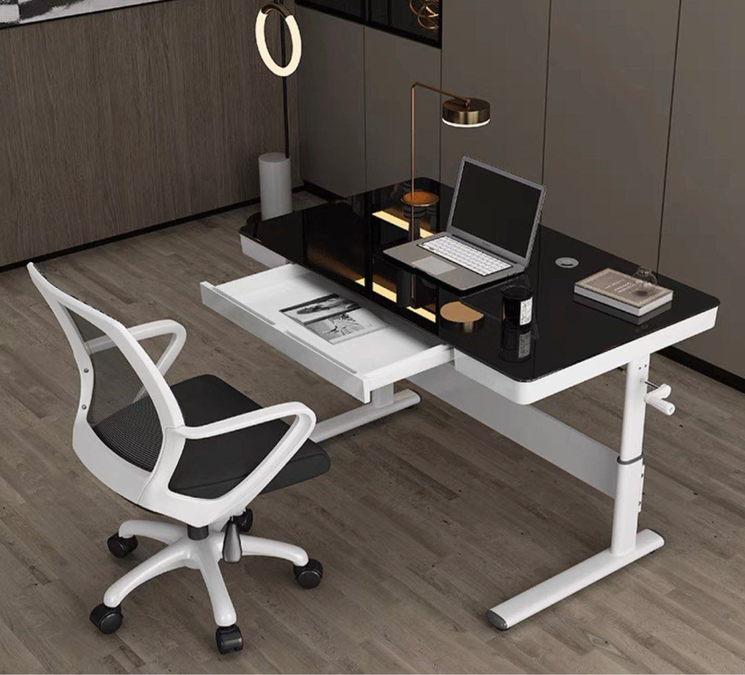 Tempered glass study table #adjustable height, Furniture & Home Living ...