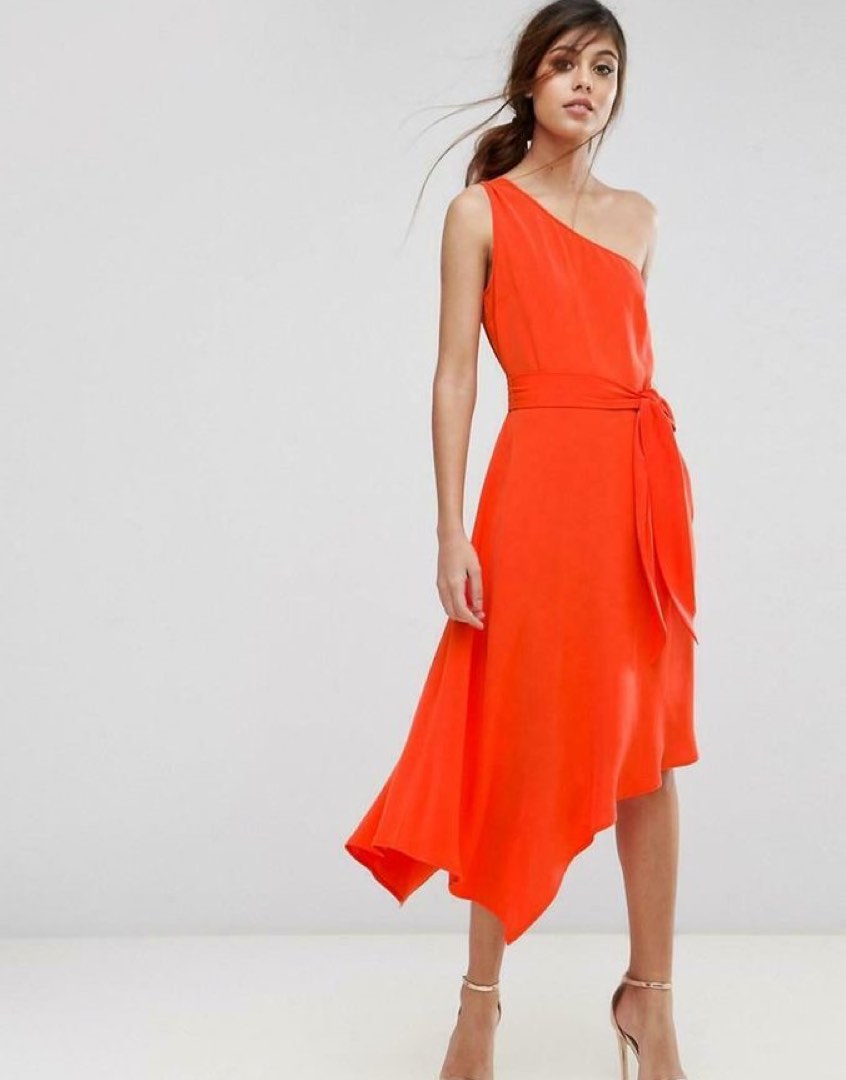 WAREHOUSE Red orange one shoulder venus cut asymmetric hem w/ tie waist ...