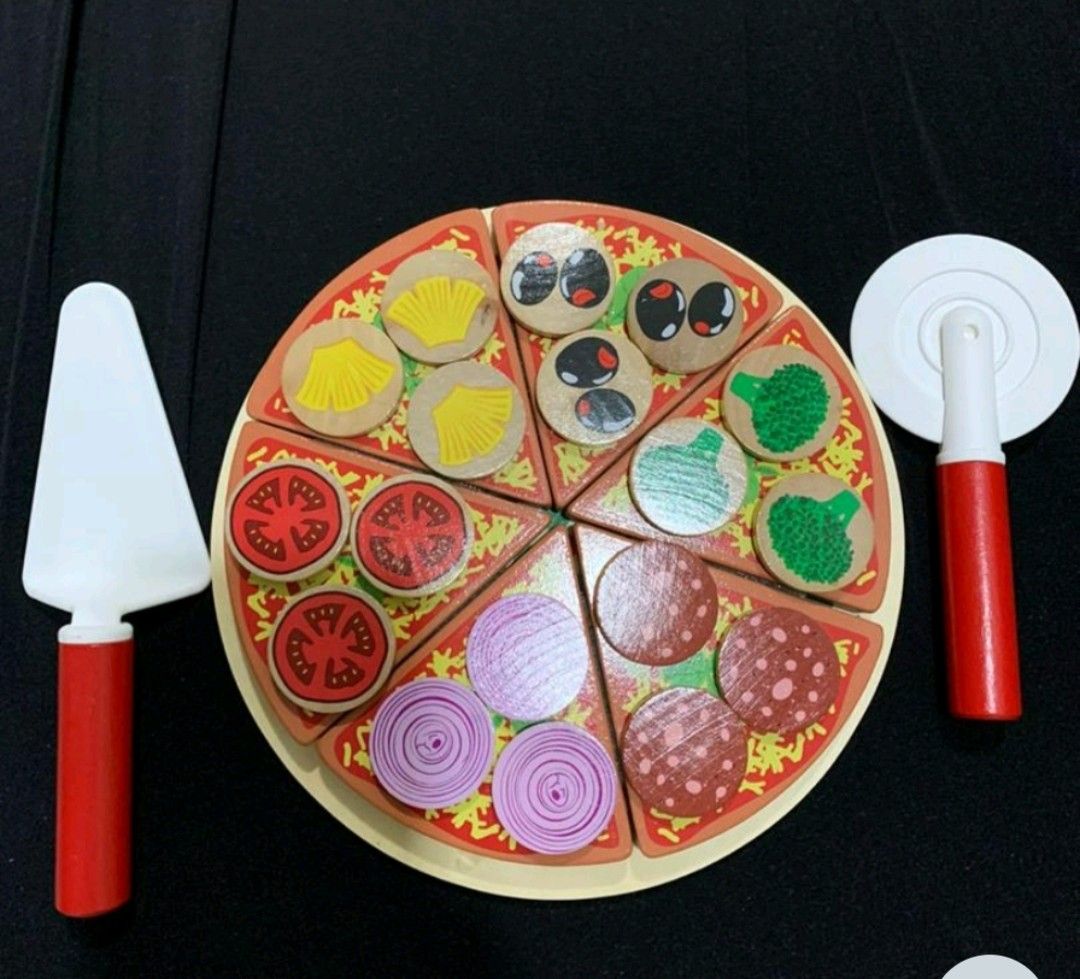 Wooden pizza play toy set, Babies & Kids, Infant Playtime on Carousell