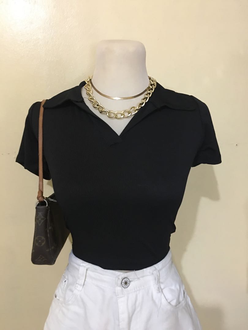 Black Polo Top, Women's Fashion, Tops, Shirts on Carousell