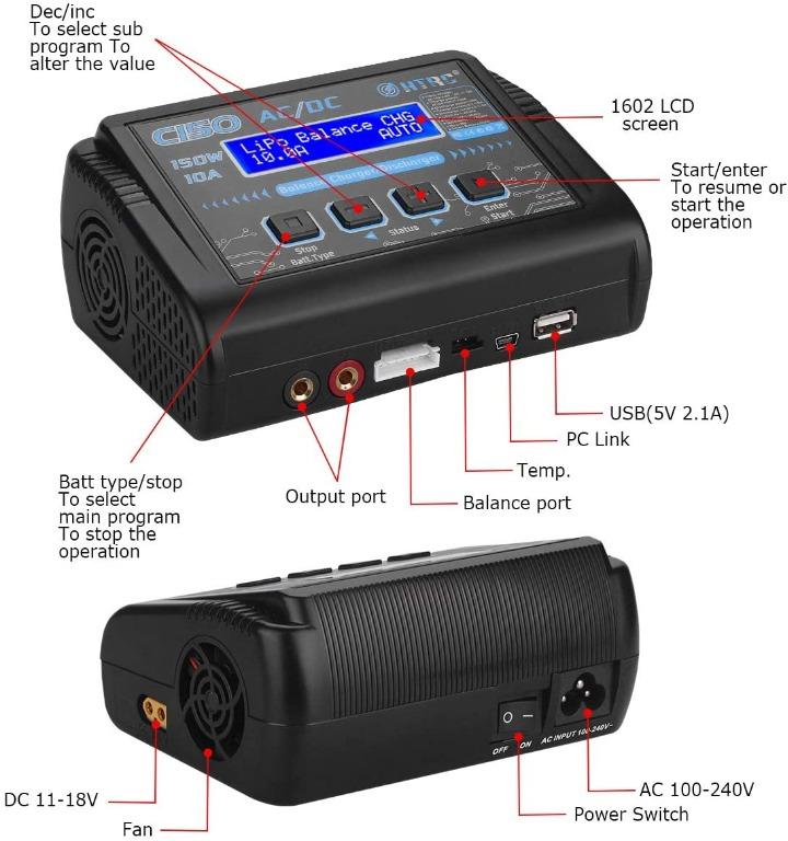 HTRC LiPo Battery Charger RC Balance Fast Charger Discharger 150W 10A AC/DC C150 Battery ...
