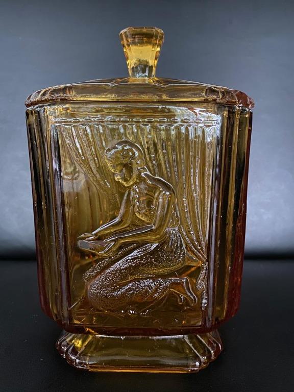 Stunning Art Deco Amber Glass Pandora Box Cookie Biscuit Jar with Lid ...