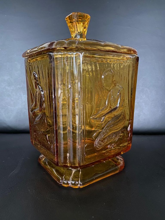 Stunning Art Deco Amber Glass Pandora Box Cookie Biscuit Jar with Lid ...