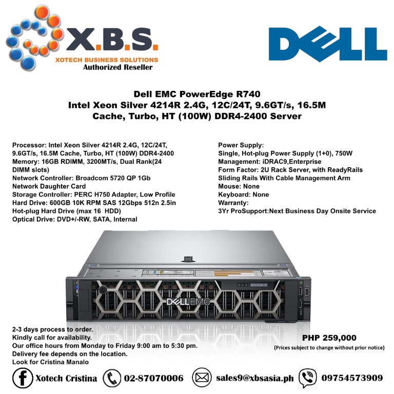 Dell EMC PowerEdge R740 Intel Xeon Silver 4214R 2.4G, 12C/24T, 9.6GT/s ...