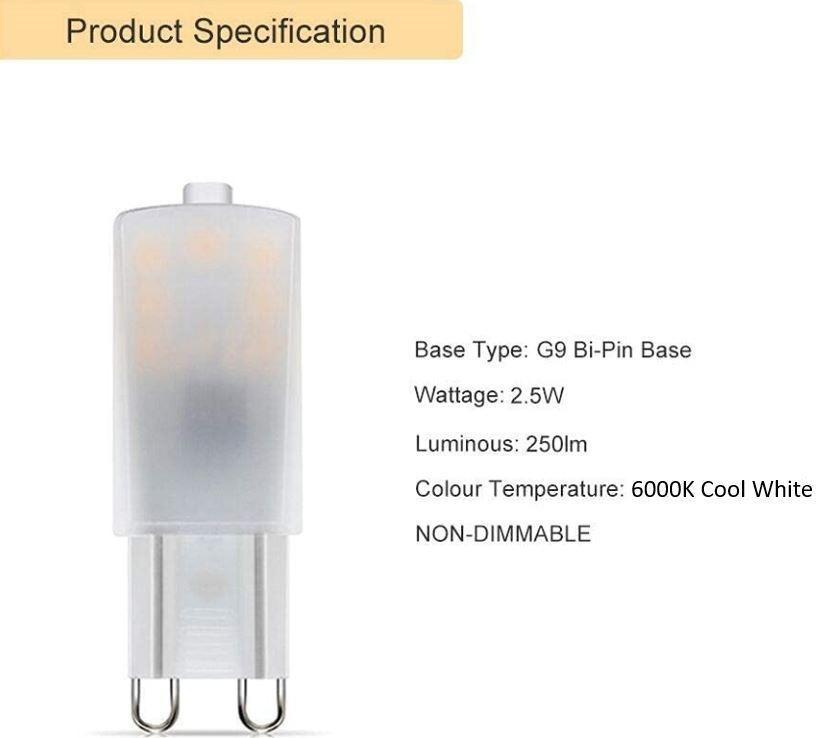 G9 LED Bulb 2.5W, Cool White 25W Halogen Light Bulb Replacement 6000K ...