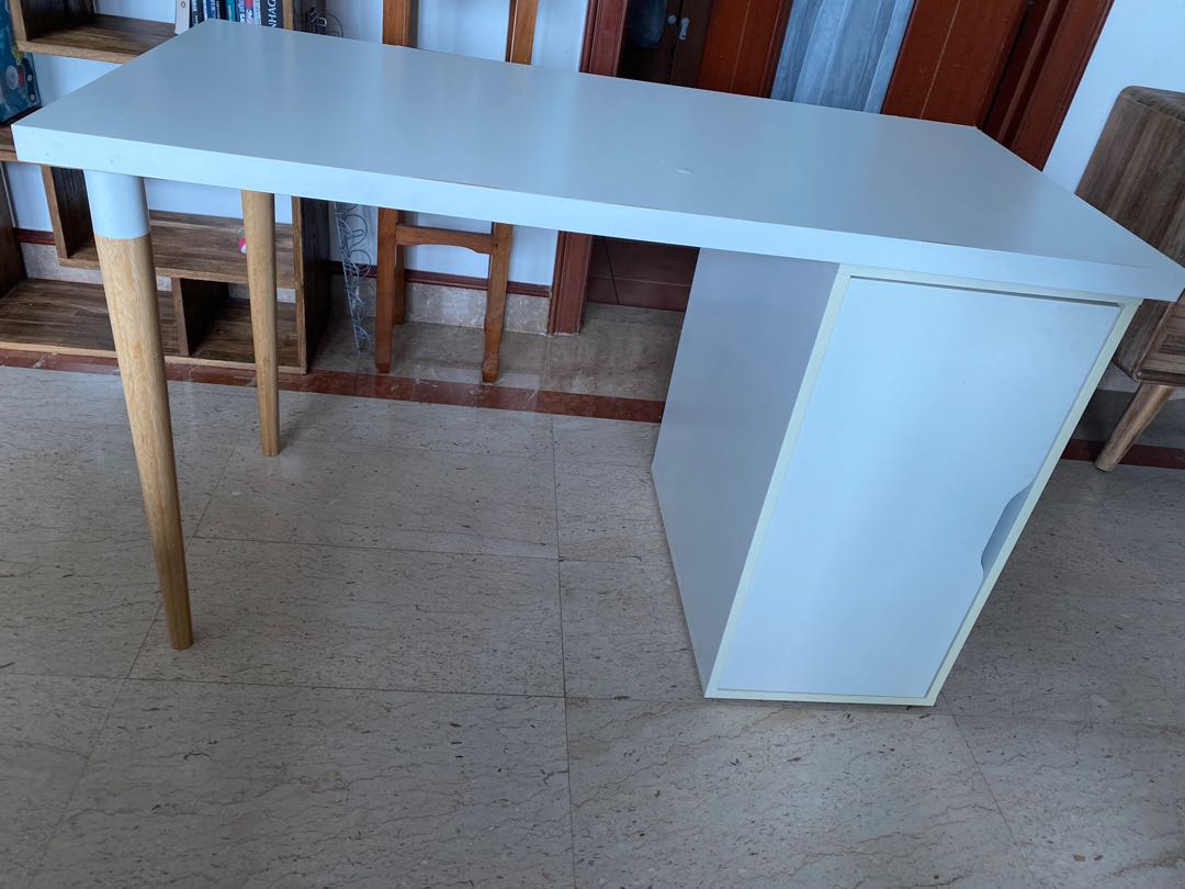 IKEA white desk with Hilver legs, storage/computer cabinet and cable ...