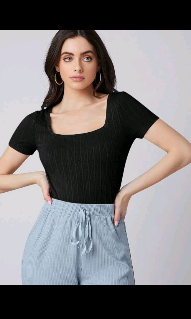 Black square neck top, Women's Fashion, Tops, Shirts on Carousell