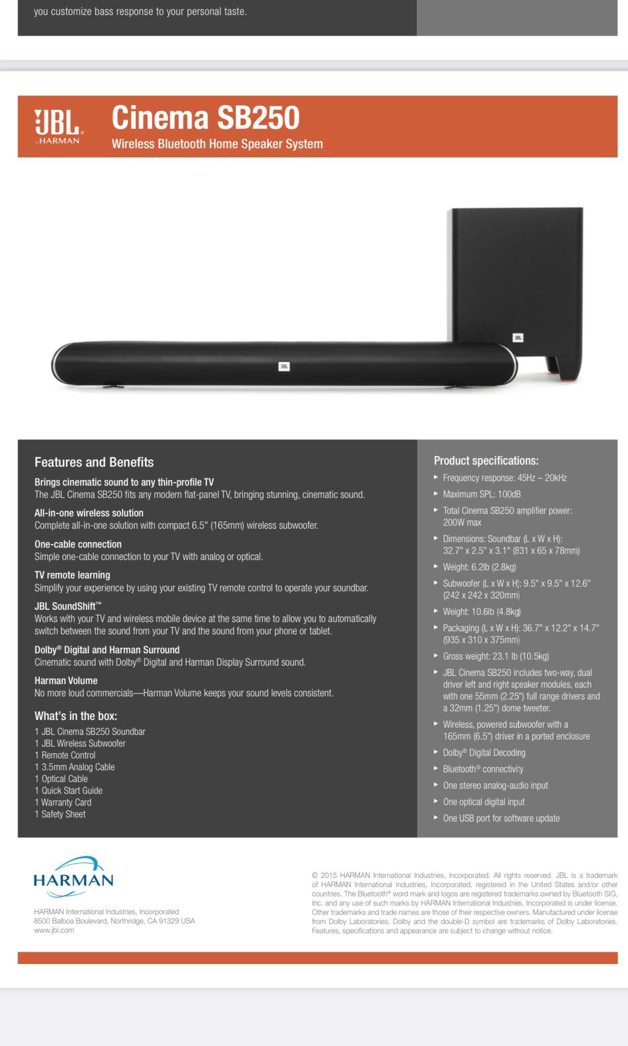 JBL SB250 sound bar, Audio, Soundbars, Speakers & Amplifiers on Carousell