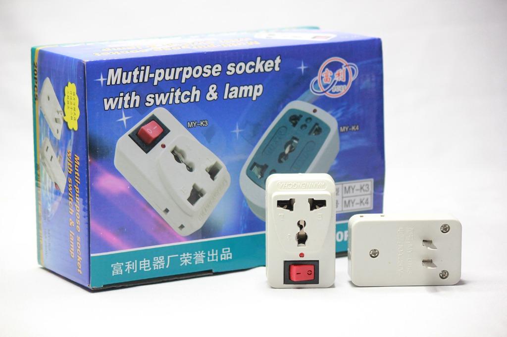 UNIVERSAL AC 3-WAY ADAPTER, 10A 250V MY-01K3 with SWITCH ON/OFF, with 2 ...