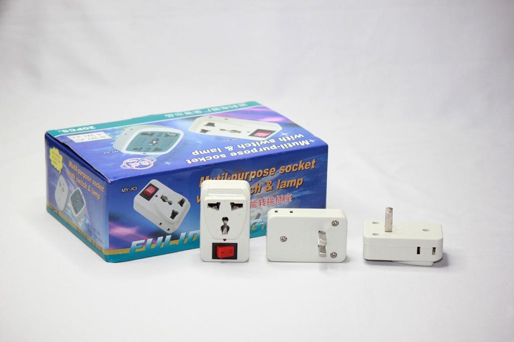 UNIVERSAL AC 3-WAY ADAPTER, 10A 250V MY-01K3 with SWITCH ON/OFF, with 2 ...