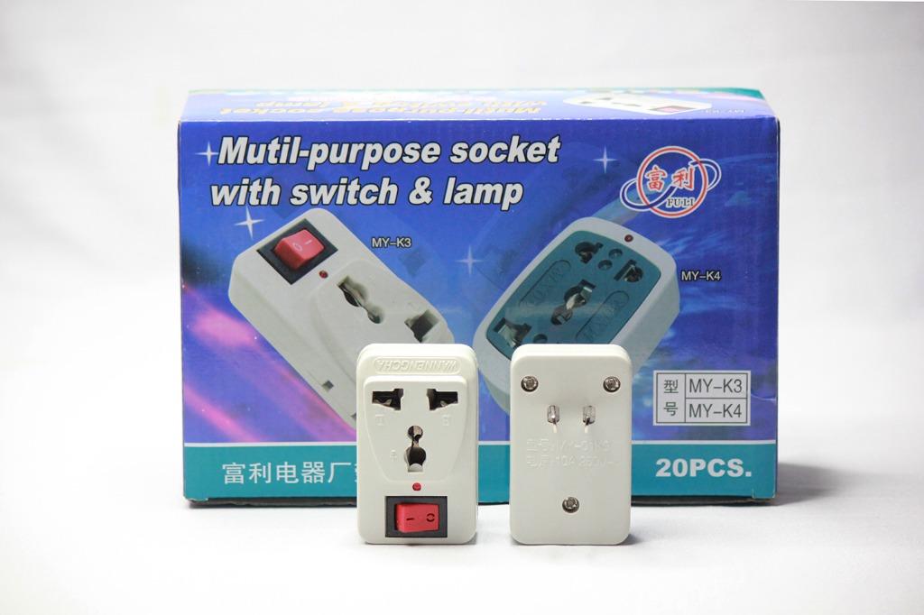 UNIVERSAL AC 3-WAY ADAPTER, 10A 250V MY-01K3 with SWITCH ON/OFF, with 2 ...
