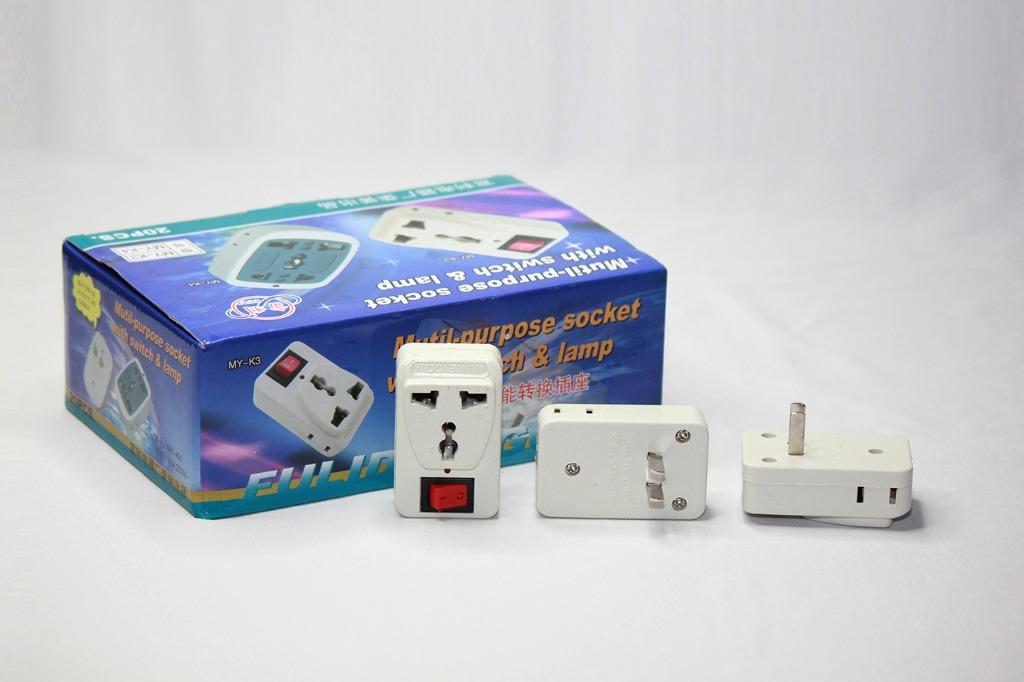 UNIVERSAL AC 3-WAY ADAPTER, 10A 250V MY-01K3 with SWITCH ON/OFF, with 2 ...