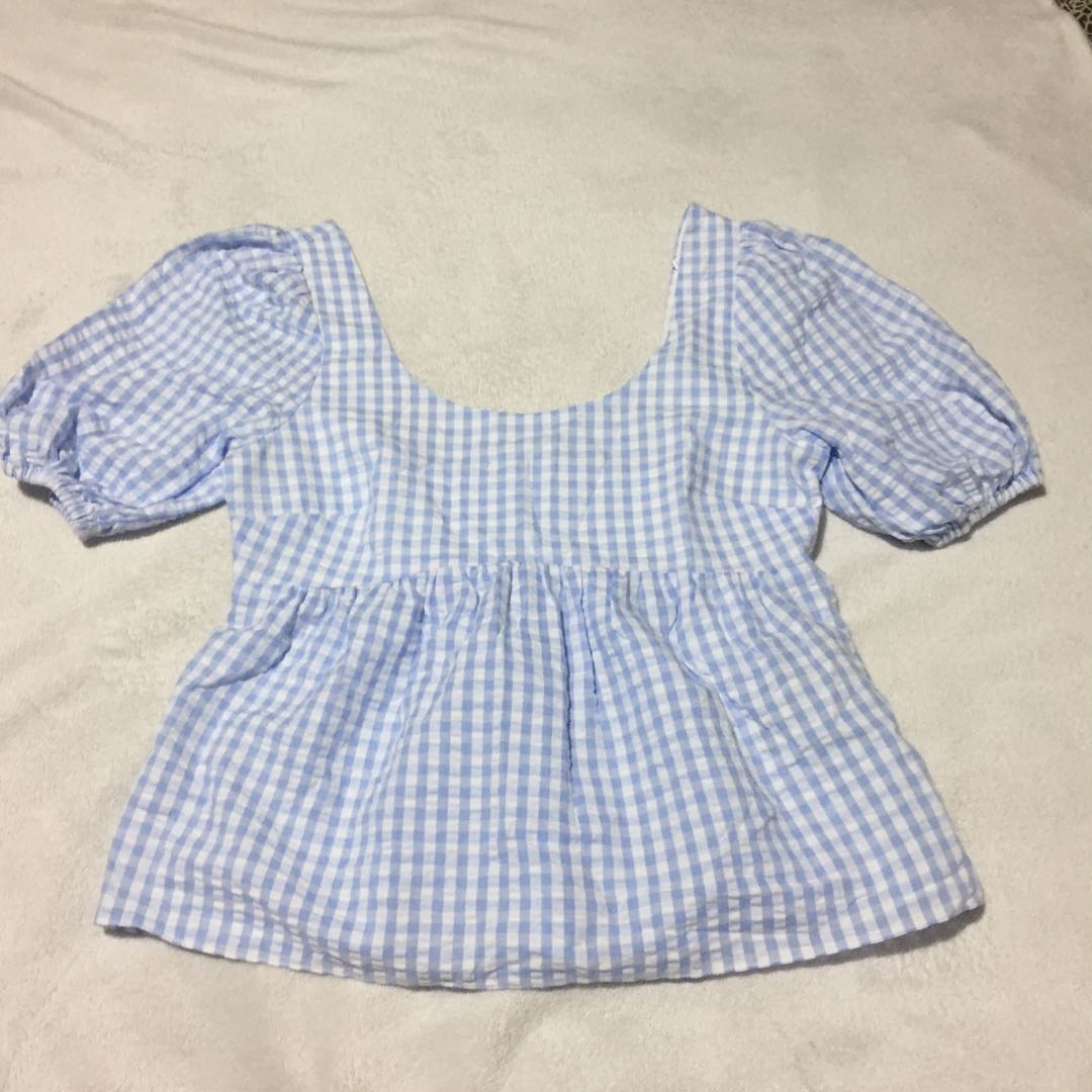 Forever New Light Blue Gingham Courtney Smock Top, Women's Fashion ...