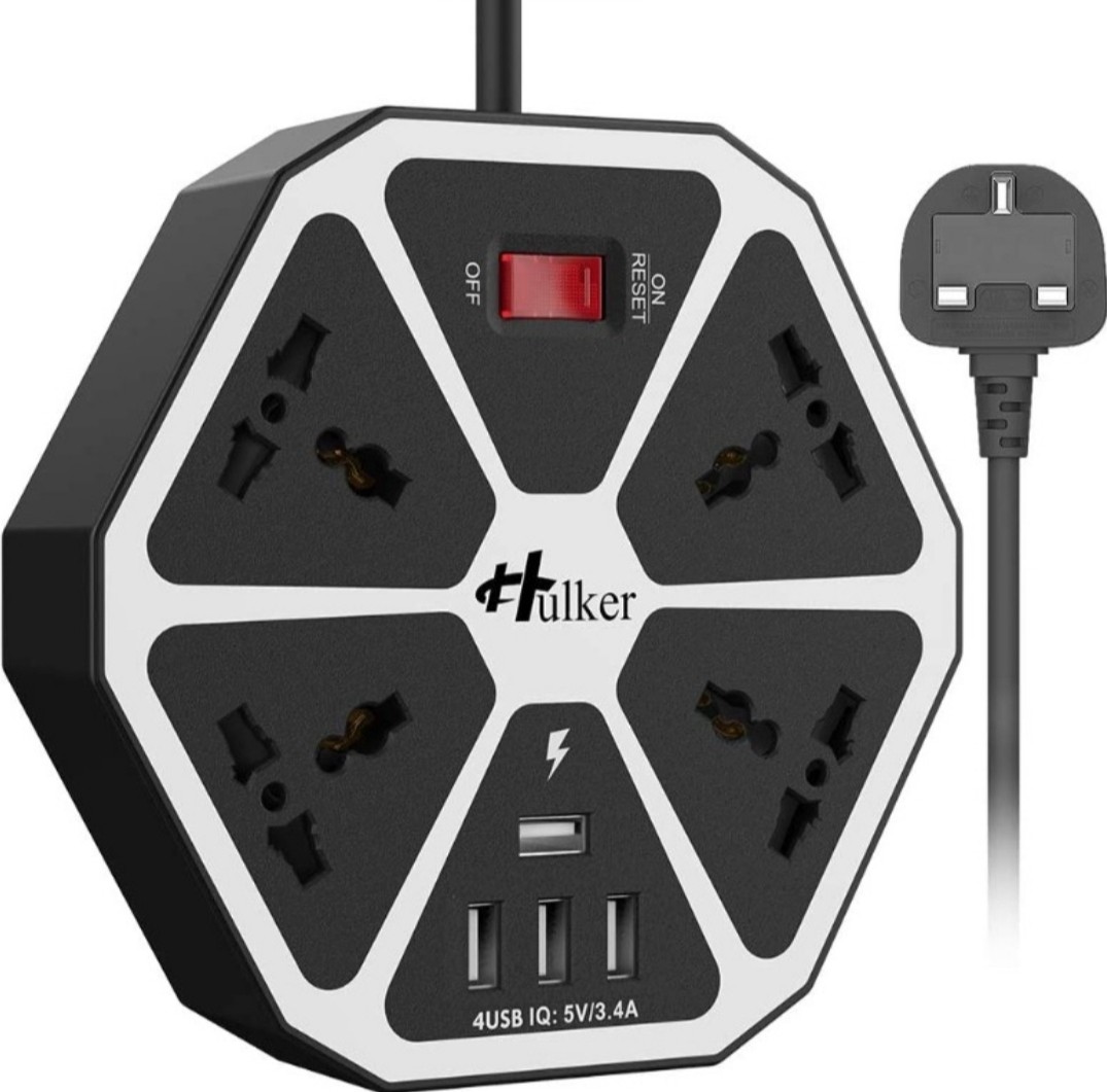 HULKER Extension lead with USB slots Power Strip 4 Way Extension Lead 4 USB Surge Protector ...