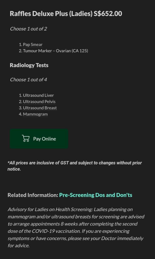 Raffles Medical check up plan for women, Everything Else on Carousell