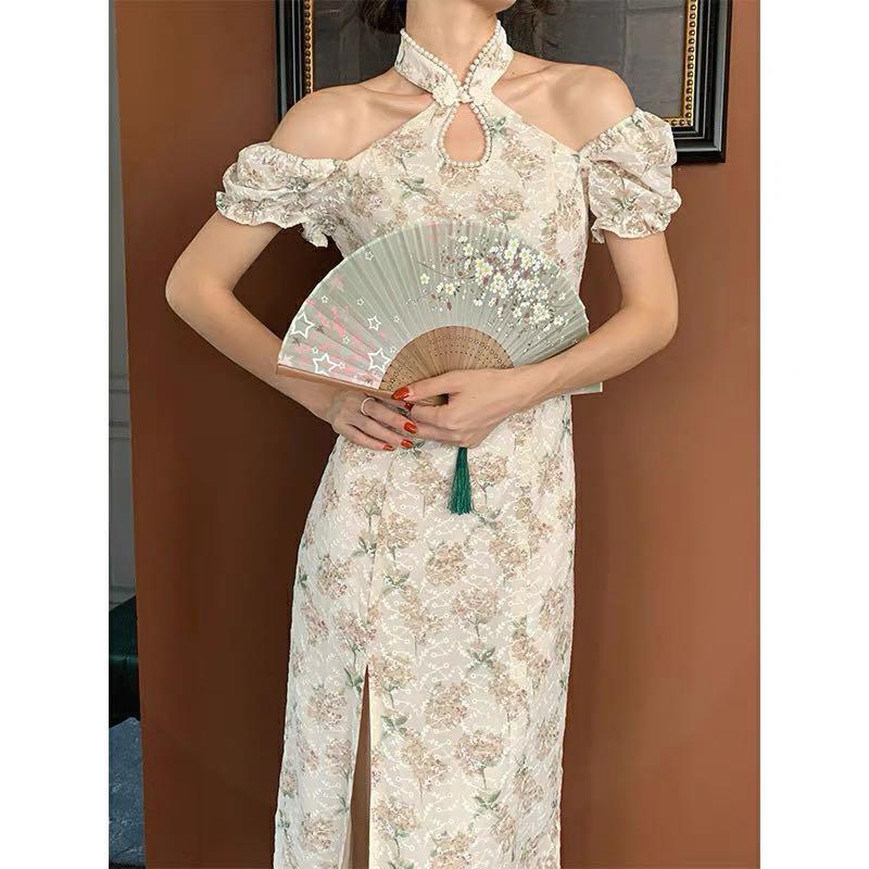 Cut-out Pearl Slit Qipao CheongSam Dress in White Floral, Women's ...