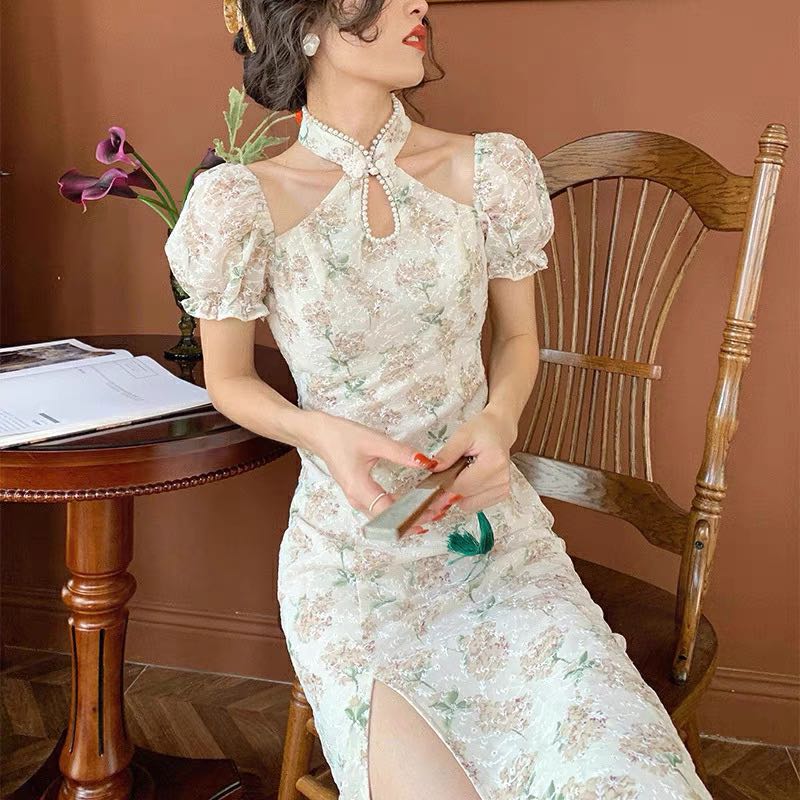 Cut-out Pearl Slit Qipao CheongSam Dress in White Floral, Women's ...