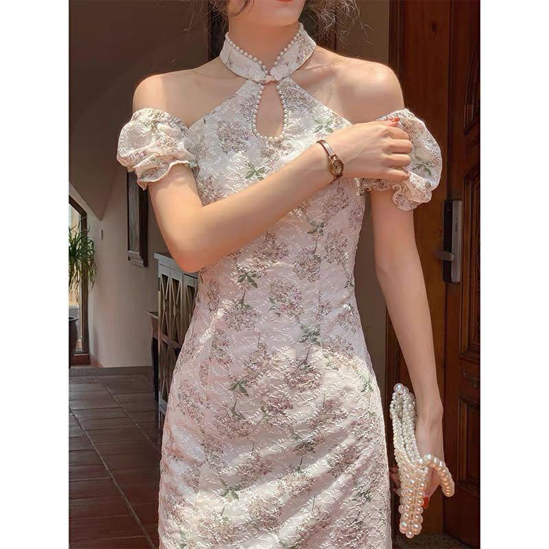 Cut-out Pearl Slit Qipao CheongSam Dress in White Floral, Women's ...