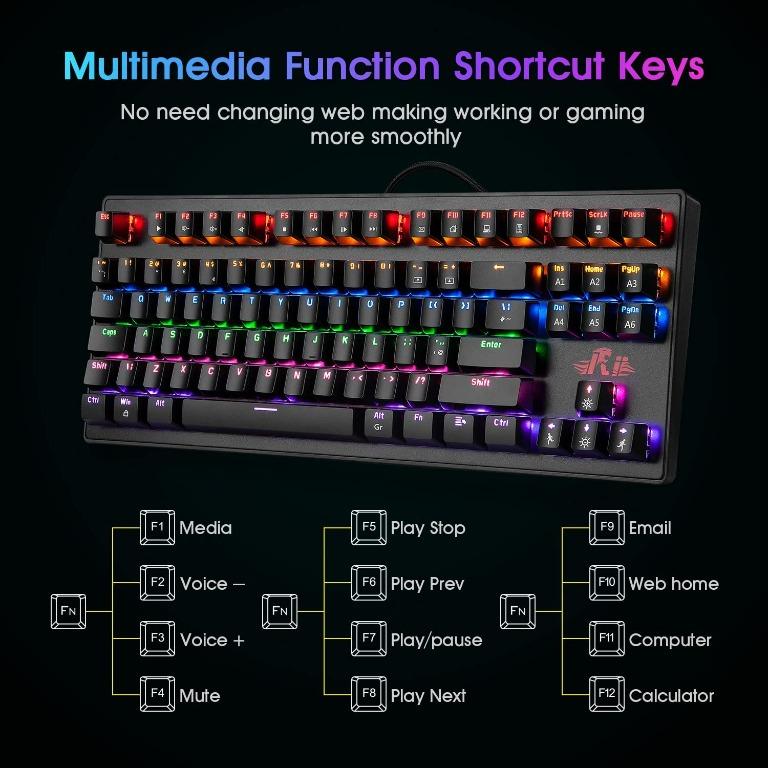 Rii RK908 7 color Mechanical Gaming keyboard 88 Keys LED backlit Wired ...