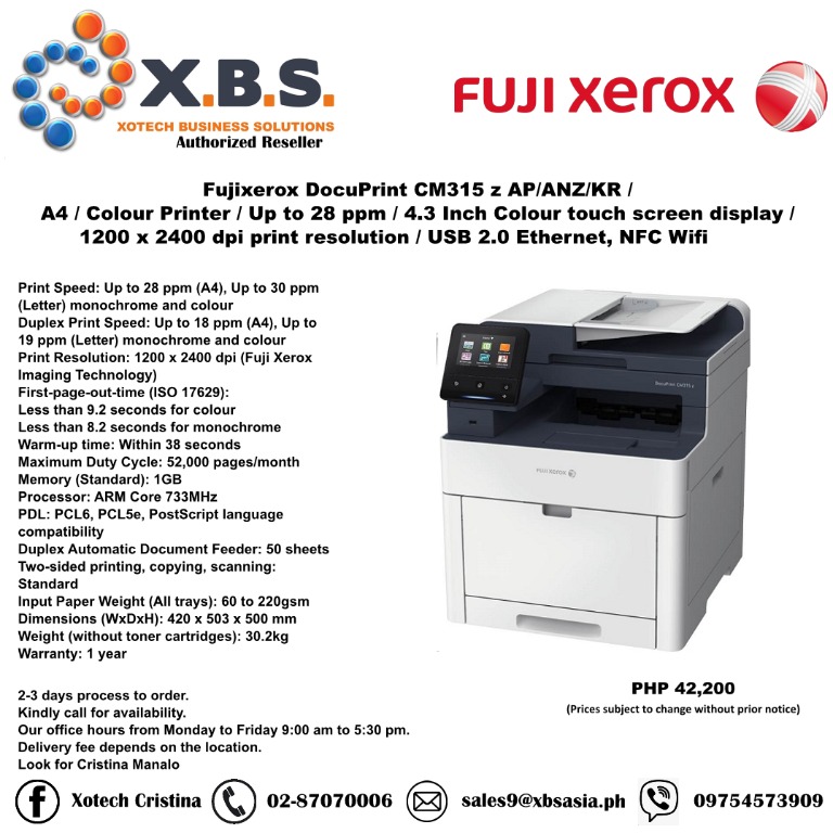 Fujixerox DocuPrint CM315 z AP/ANZ/KR / A4 / Colour Printer / Up to 28 ppm / 4.3 Inch Colour ...