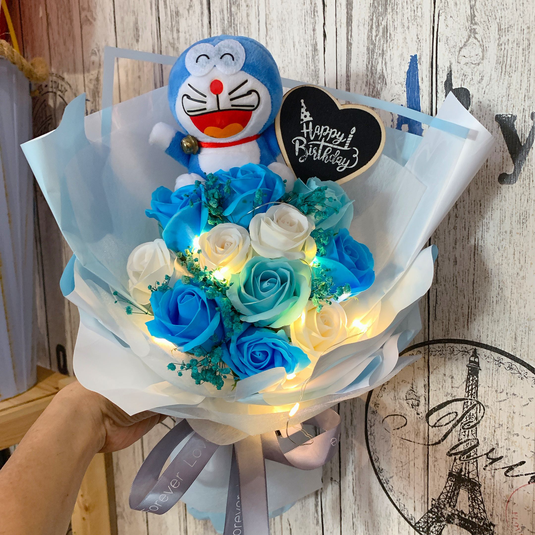 Flower bouquet- Doraemon plushie & Lasting Preserved flowers with 12 ...