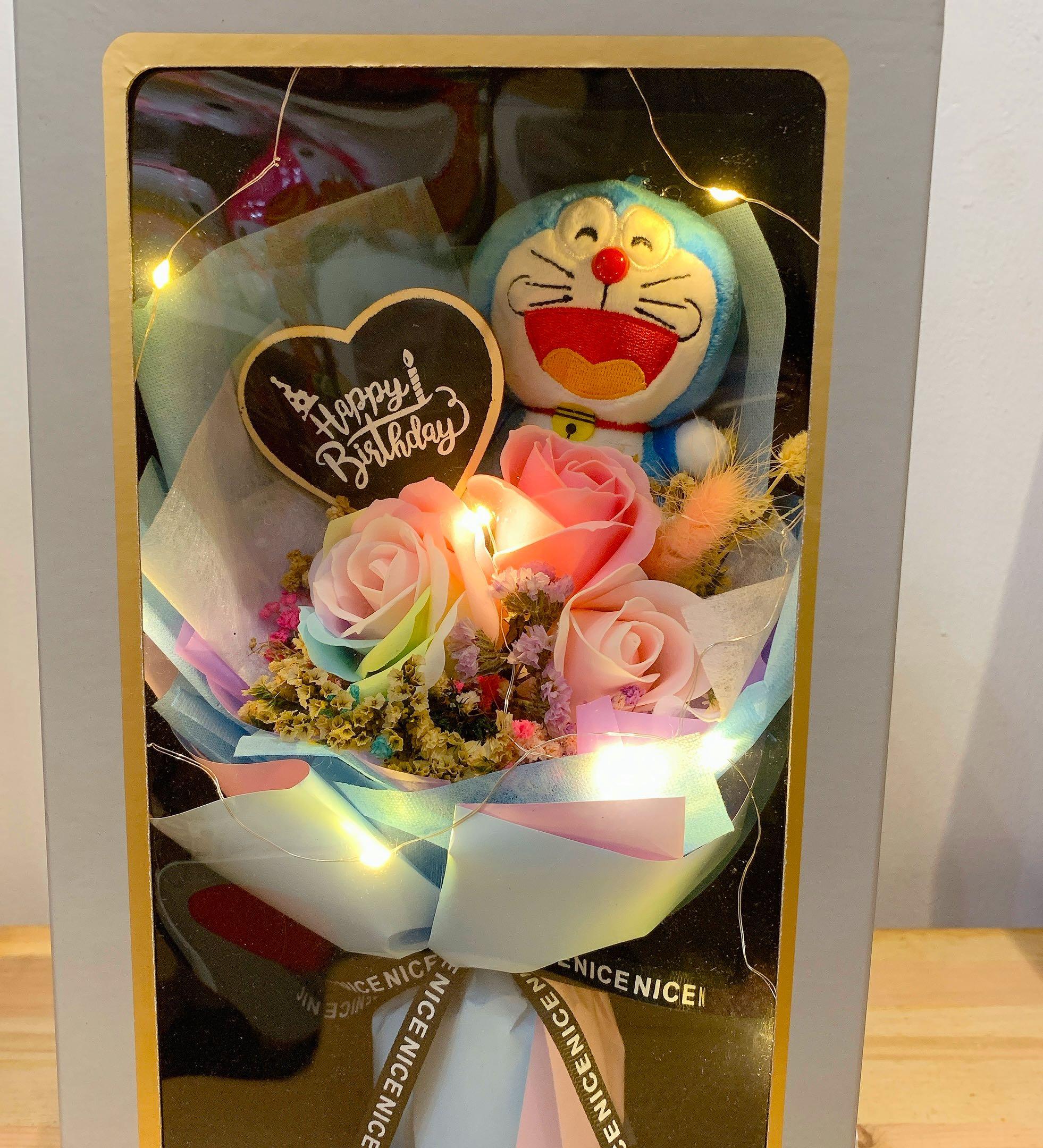 Flower Bouquet - Doraemon plush with soap flowers in gift box (free led ...