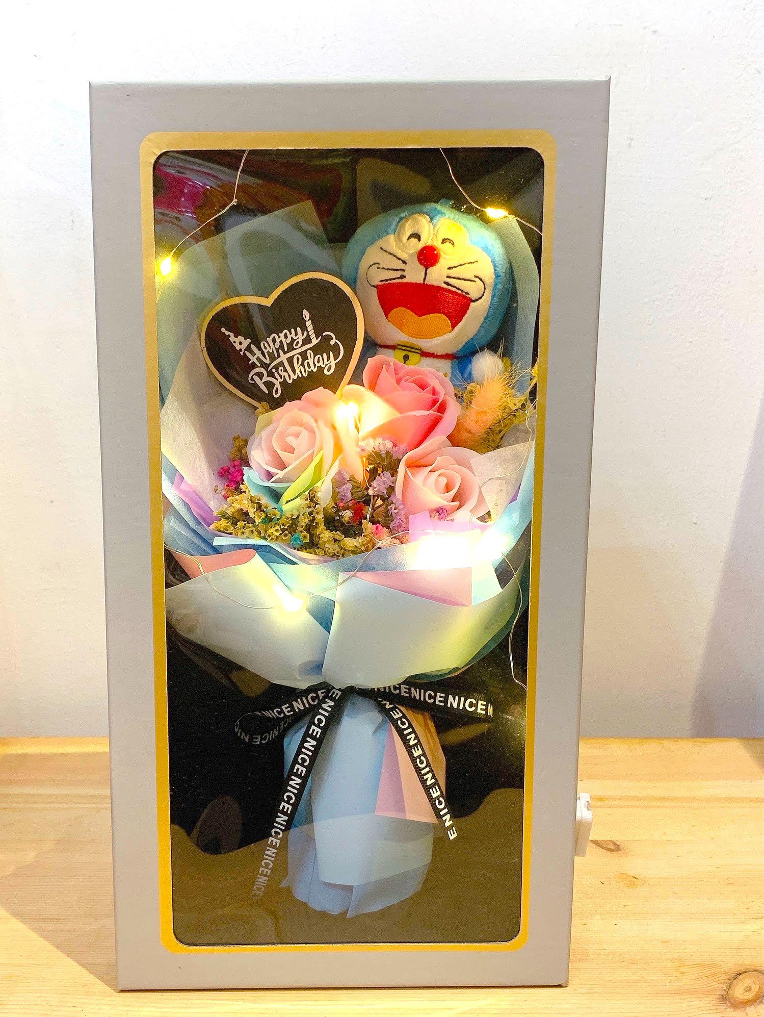 Flower Bouquet - Doraemon plush with soap flowers in gift box (free led ...