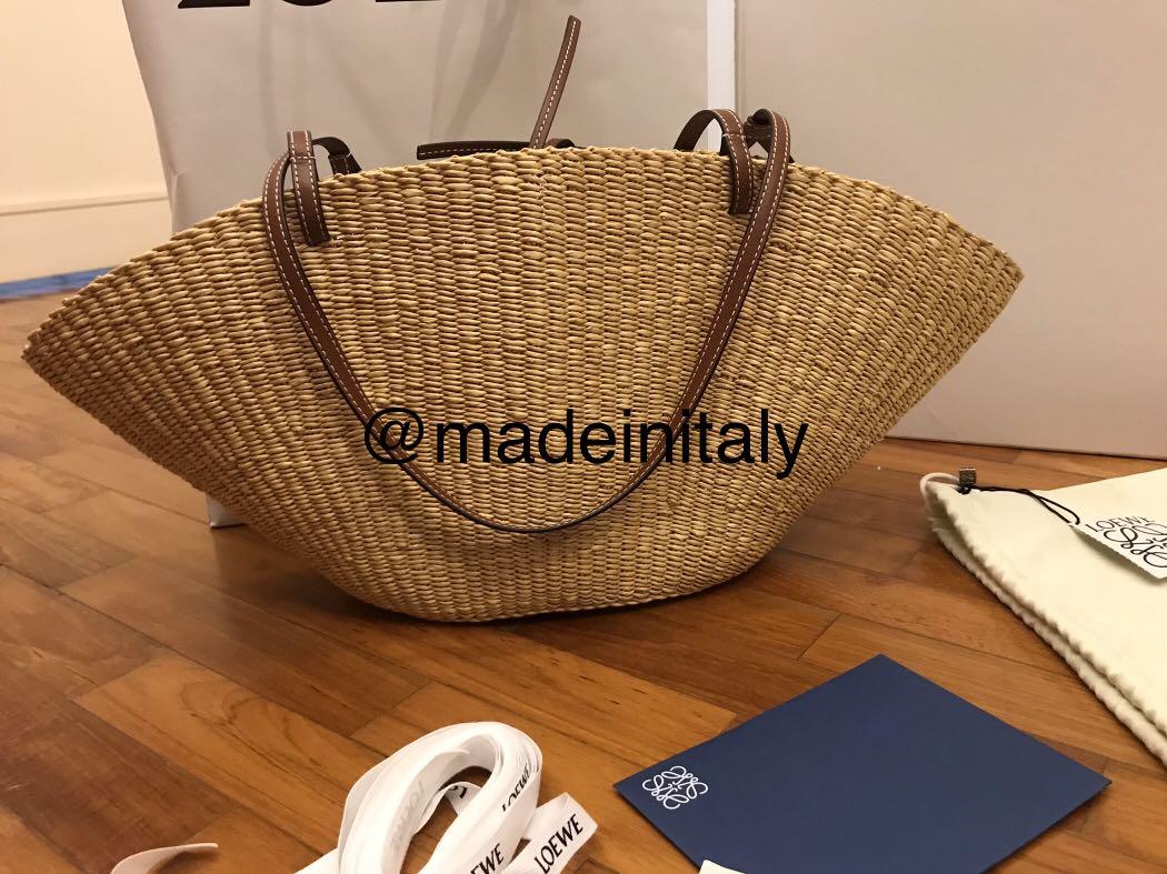 LOEWE shell (FULL SET) basket bag with leather logo - woven raffia ...