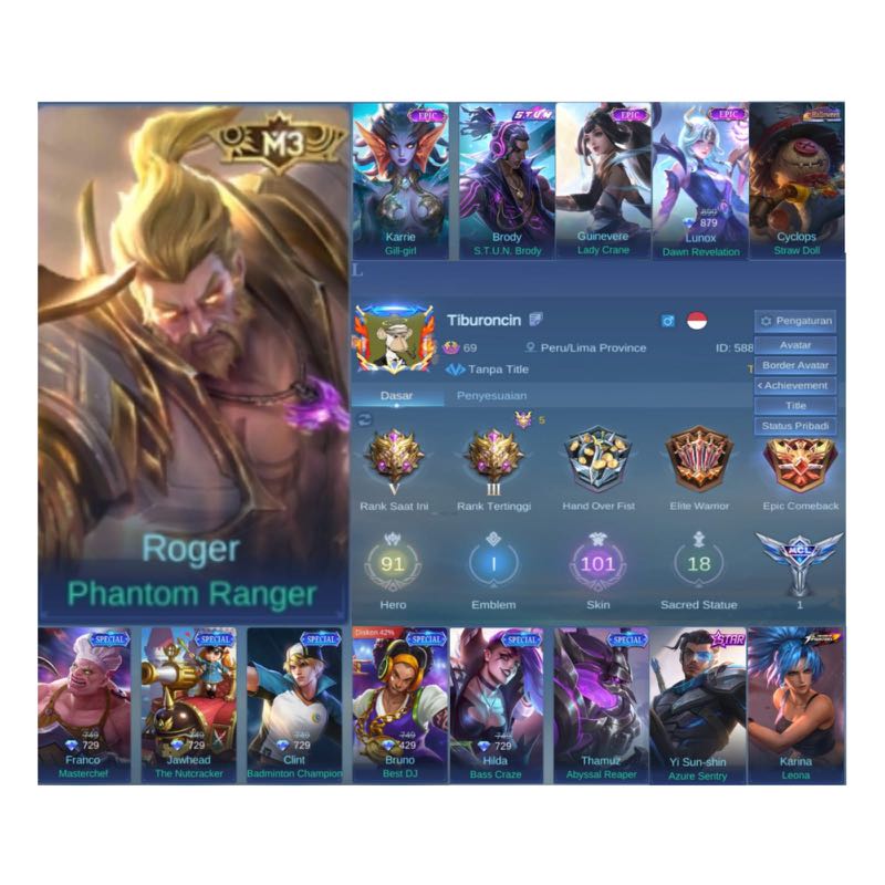 101 skins Mobile legends account #124 (91 HEROES, 101 SKINS, 1 MAX ...