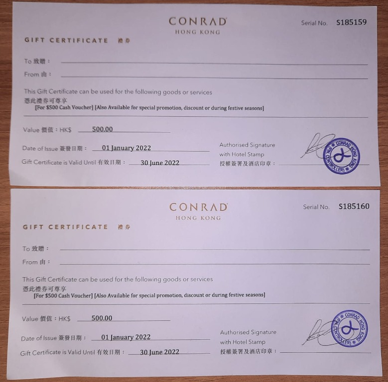 Conrad Hotel - Cash Voucher (HK$500 x 2), 門票＆禮券, 兌換券 - Carousell