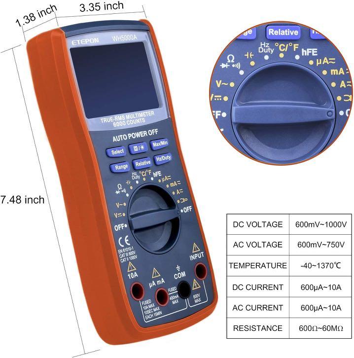 ETEPON Digital Multimeter 6000 Counts True RMS Auto Manual Raging Volt ...