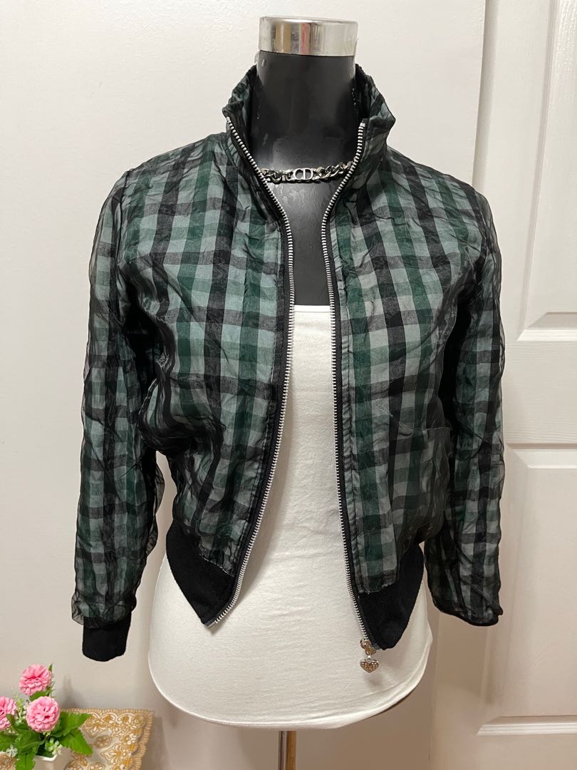 Y2k Plaid green bomber jacket, Women's Fashion, Coats, Jackets and ...